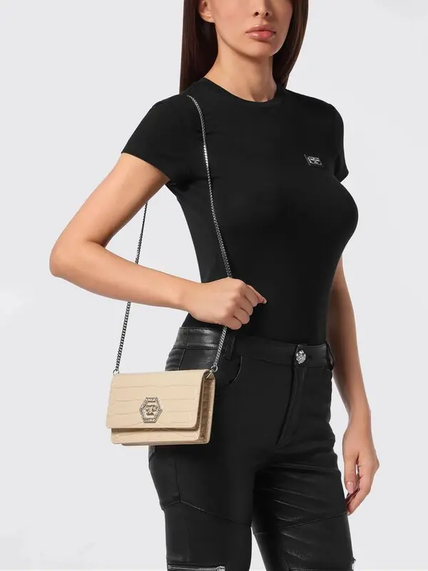 Philipp Plein Crocodile Print Leather Clutch With Rhinestone Hexagon - Beige