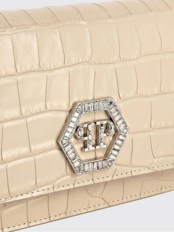 Philipp Plein Crocodile Print Leather Clutch With Rhinestone Hexagon - Beige