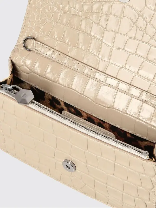 Philipp Plein Crocodile Print Leather Clutch With Rhinestone Hexagon - Beige