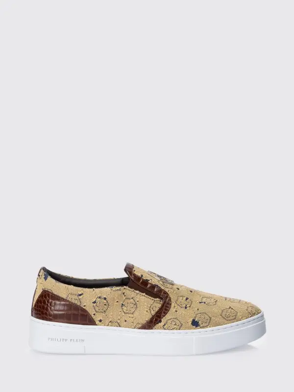 Philipp Plein Canvas Sneakers With Hexagon Jacquard And Croc Effect Detailing - Brown