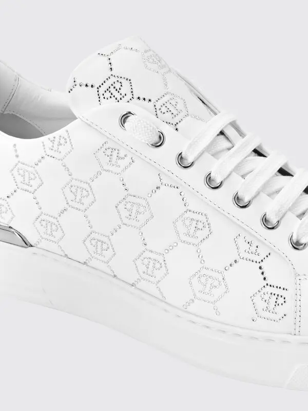 Philipp Plein Leather Sneakers With Rhinestone Hexagon - White