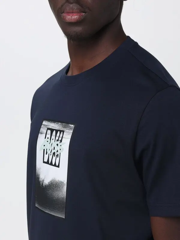 BOSS Crew Neck Pure Cotton T-shirt With Printed Front Logo - Blue