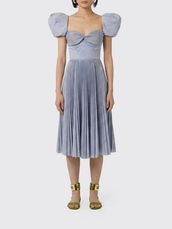 Elisabetta Franchi Pleated Crêpe Midi Dress With Puff Sleeves