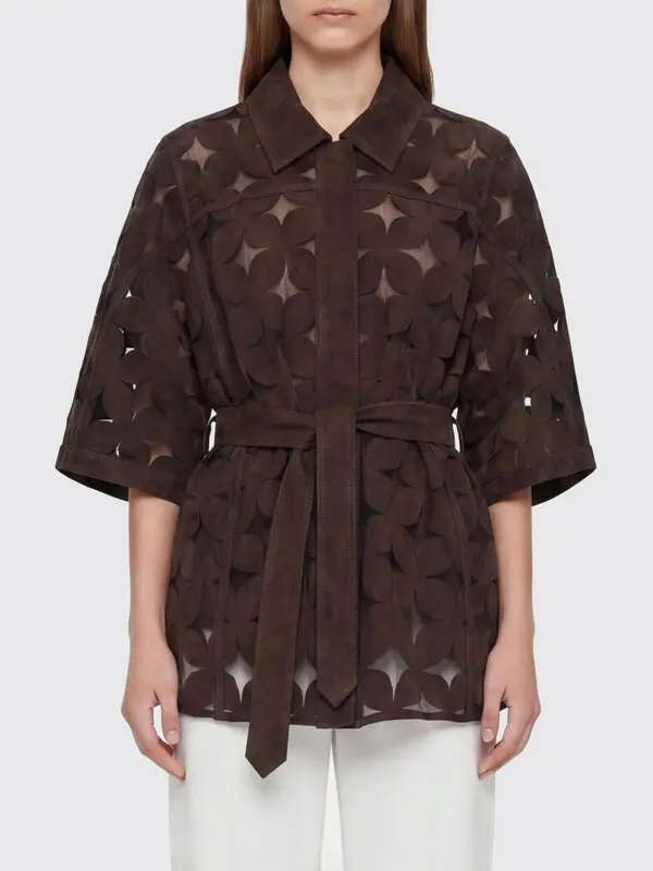 SWORD 6644 Suede Leather Cropped Shirt Jacket With Belt - Brown
