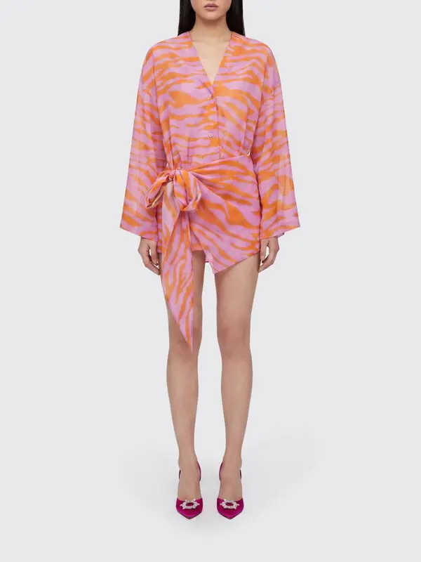Attico Animalier Print Cotton Midi Wrap Dress - Orange