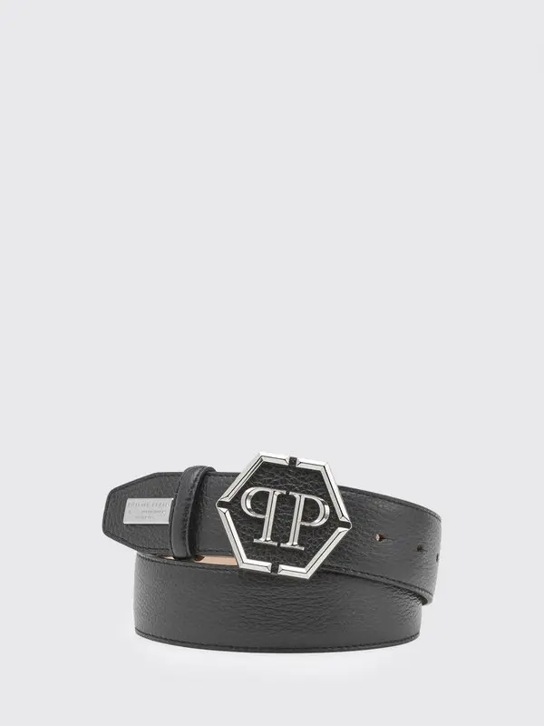 Philipp Plein Adjustable Grained Leather Belt With Hexagon Monogram Buckle - Black