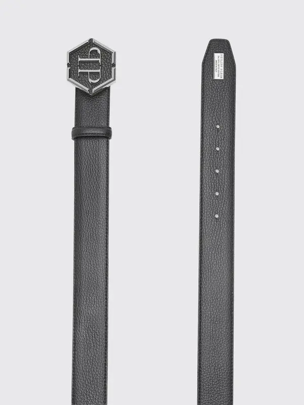 Philipp Plein Adjustable Grained Leather Belt With Hexagon Monogram Buckle - Black