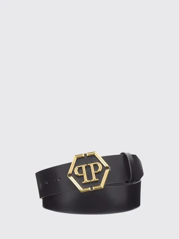 Philipp Plein Bovine Leather Belt With Hexagon Monogram Buckle - Black