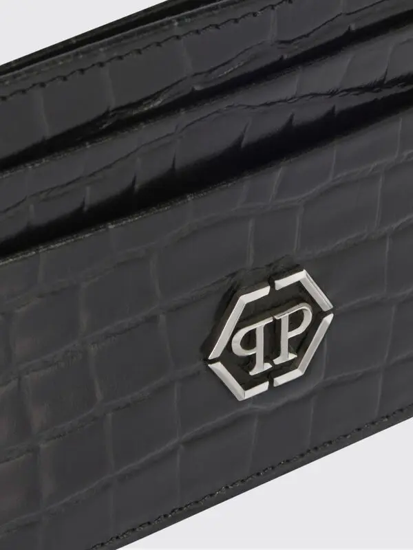 Philipp Plein Calfskin Card Holder With Crocodile Print And Hexagon Logo