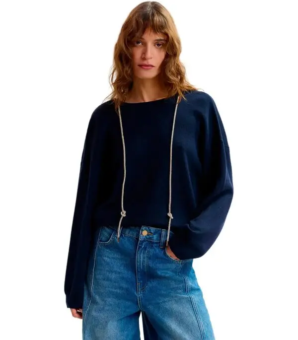 Essentiel Antwerp Navy V-neck Pullover With Rhinestone Embellishments