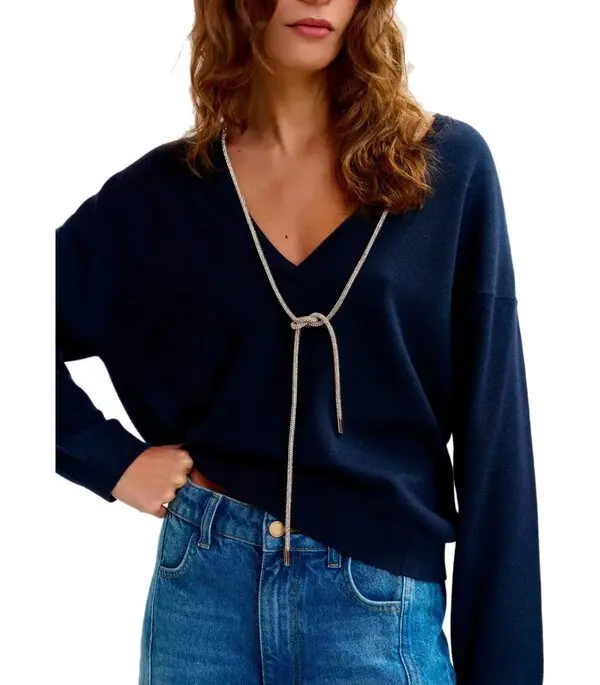 Essentiel Antwerp Navy V-neck Pullover With Rhinestone Embellishments