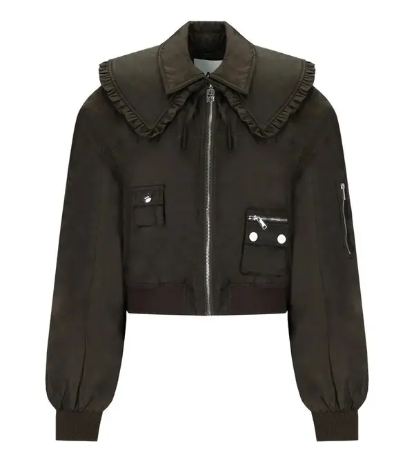 GANNI Nylon Bomber Jacket With Detachable Ruffled Collar - Brown