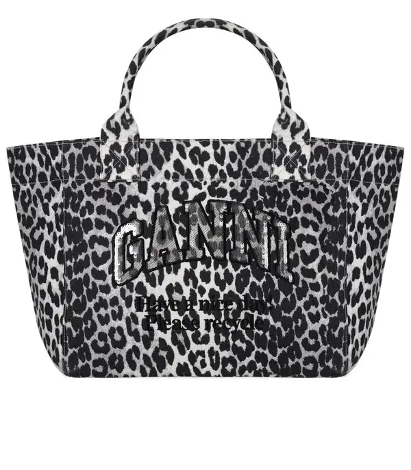 GANNI Leopard Print Cotton Shopping Bag - Silver