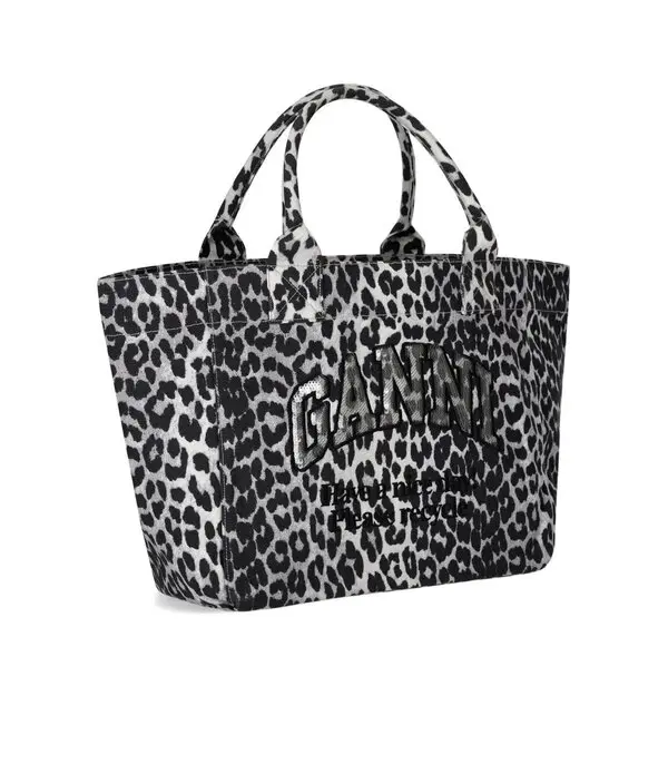 GANNI Leopard Print Cotton Shopping Bag - Silver