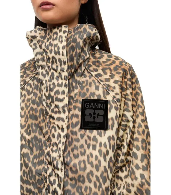 GANNI Animal Print Recycled Nylon Hooded Jacket - Beige