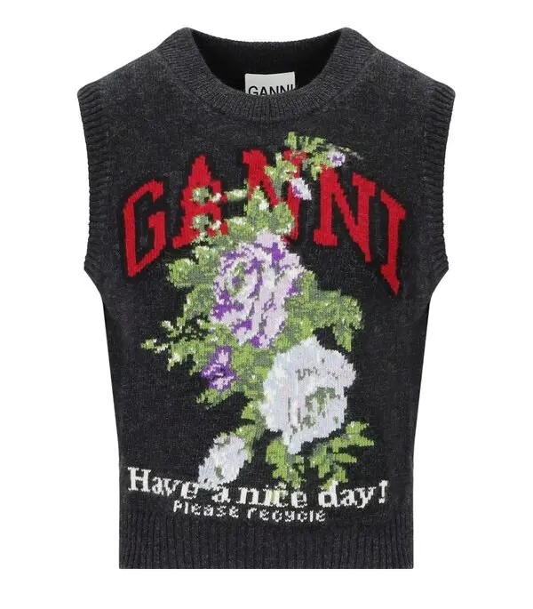 GANNI Embroidered Floral Logo Vest - Grey
