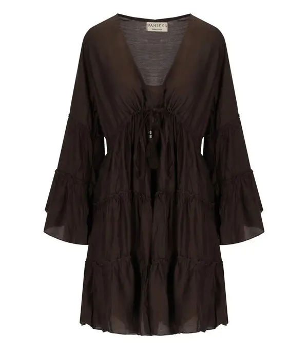 PAHIESA FORMENTERA Silk Cotton Blend Dress With Tasseled Drawstring - Brown