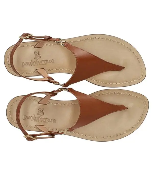 PAOLO FERRARA Leather Thong Sandals With Gold-tone Infinity Charm