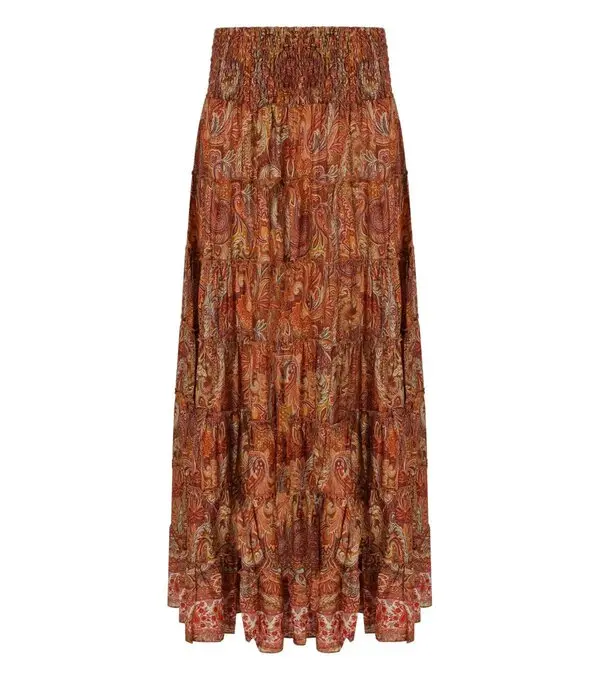 PAHIESA FORMENTERA Tiered Paisley Print Silk Cotton Blend Maxi Skirt - Red