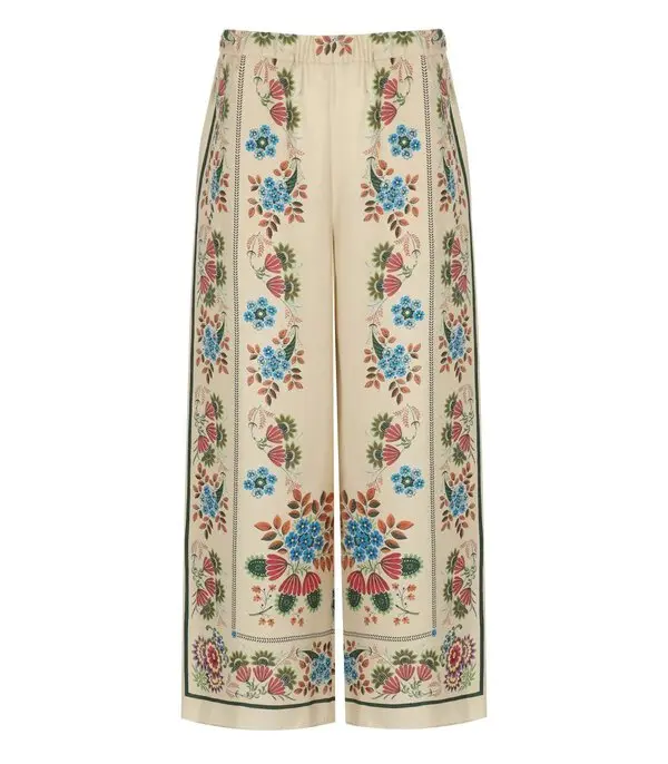 Max Mara Floral Print Silk Wide Leg Trousers
