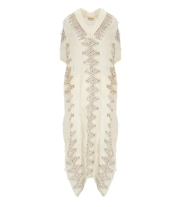 PAHIESA FORMENTERA Ecru Cotton Kaftan Dress With Brown Appliques - White