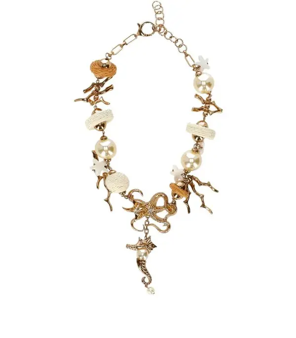 Max Mara Lembi Necklace With Pearl-effect And Raffia Accents