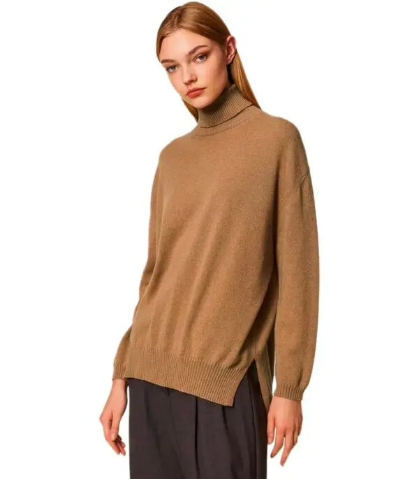 TWINSET Camel Cashmere Turtleneck Sweater With Side Slits