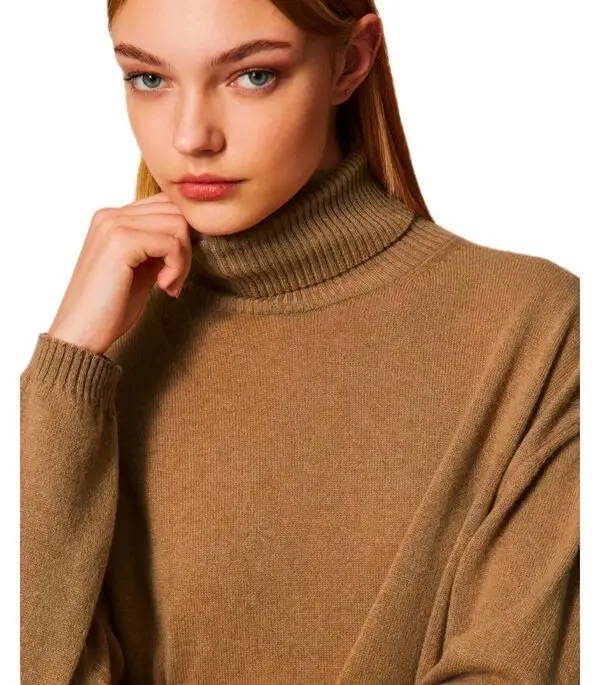TWINSET Camel Cashmere Turtleneck Sweater With Side Slits