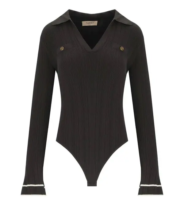 TWINSET Ribbed V-neck Bodysuit With Polo Collar