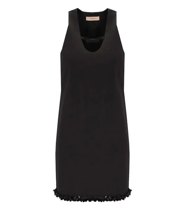 TWINSET Sleeveless Crepe Mini Dress With Sequined Hem And Bow Detail