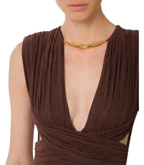 Elisabetta Franchi Sleeveless Pleated Maxi Dress With Gold-tone Necklace