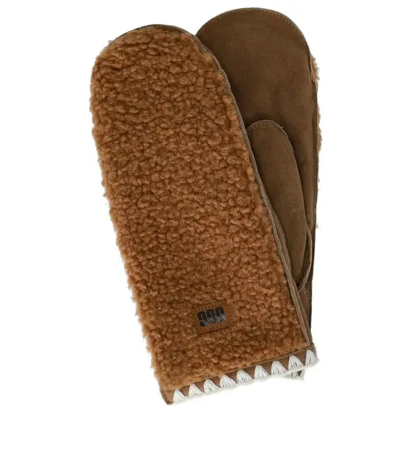 UGG Suede Mittens With Fleece Lining And Scalloped Edges - Brown