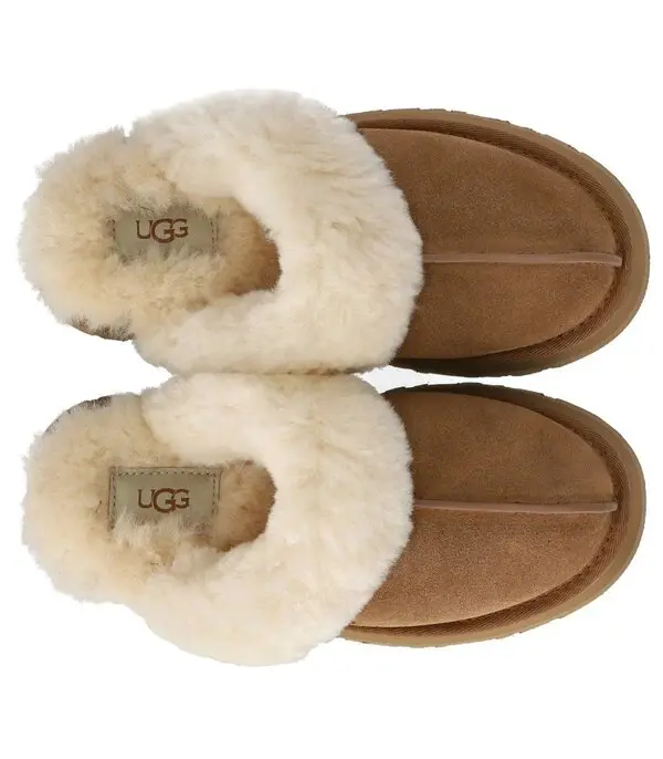 UGG Suede Slipper With Sheepskin Collar - Brown