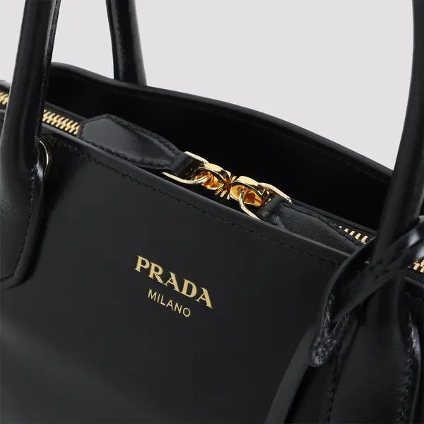 Prada Glossy Calf Leather Bowling Bag With Gold Tone Hardware