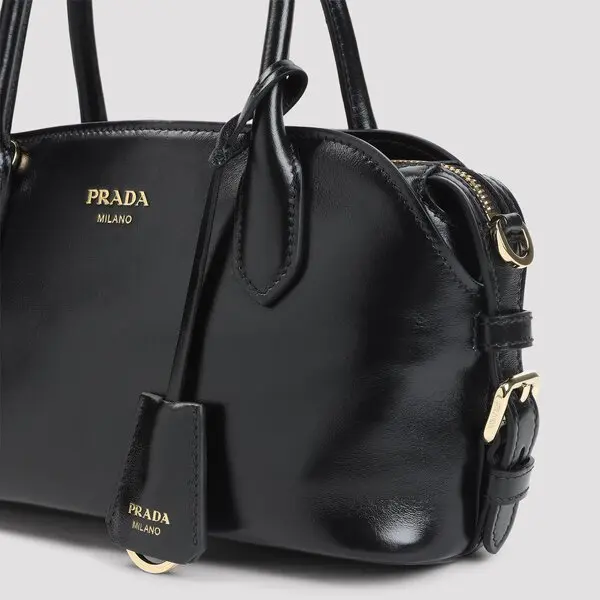 Prada Glossy Calf Leather Bowling Bag With Gold Tone Hardware - Black