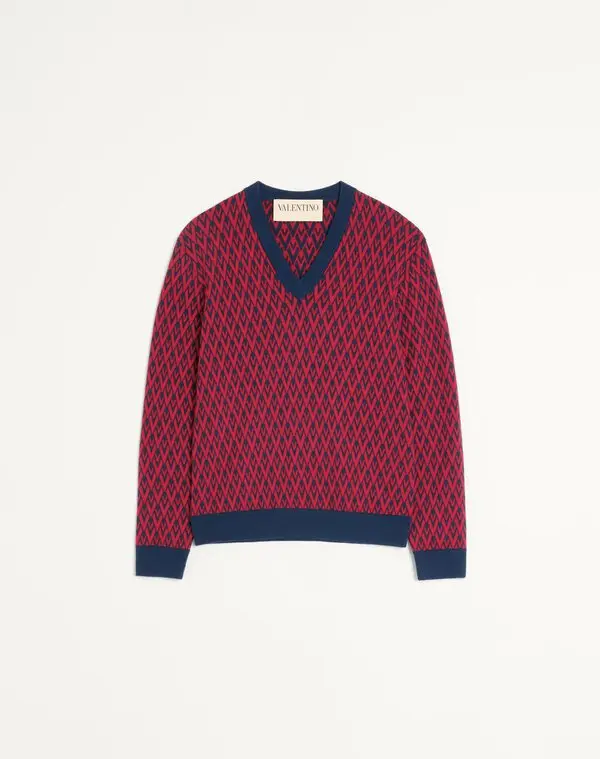 Valentino Garavani Wool Jumper With All-over Jacquard Pattern - Navy/ Red