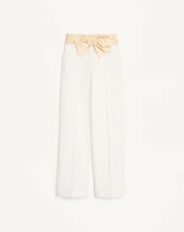 Valentino Garavani Diagonal Cotton Linen Trousers With Satin Bow - Ivory