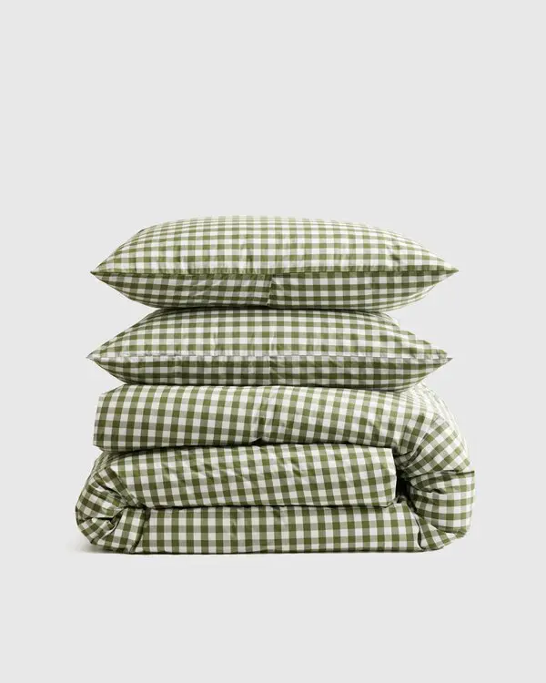 Quince Organic Crisp Percale Duvet Cover Set - Olive Gingham