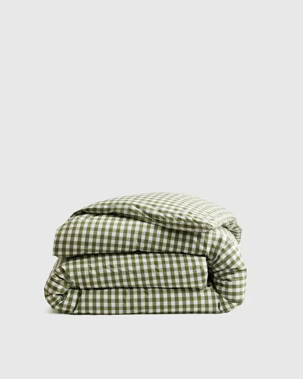 Quince Organic Crisp Percale Duvet Cover - Olive Gingham
