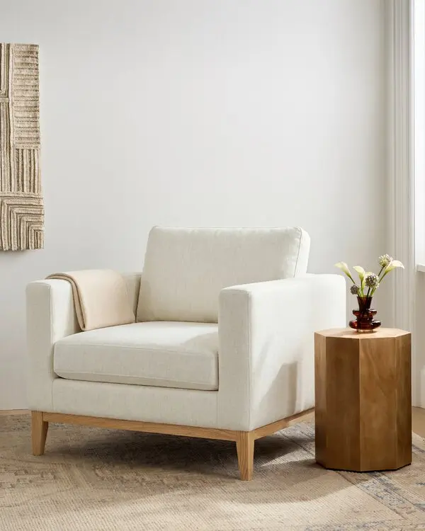 Quince Performance Chenille Linen Blend Accent Chair With Solid Oak Base