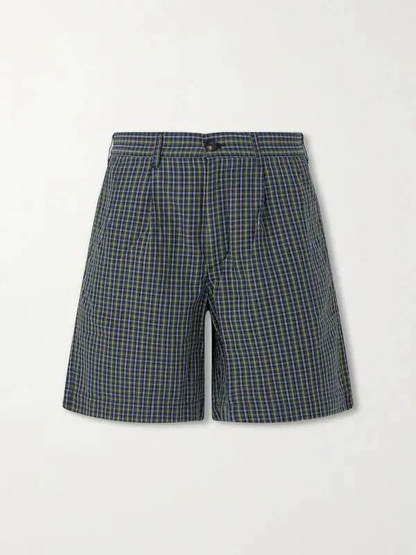 NOAH Straight-leg Pleated Checked Cotton And Linen-blend Seersucker Shorts