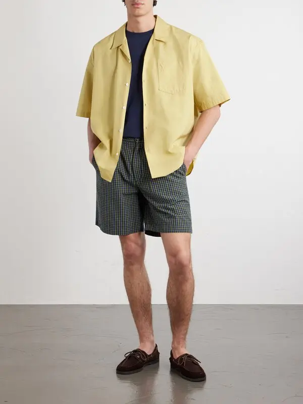 NOAH Straight-leg Pleated Checked Cotton And Linen-blend Seersucker Shorts