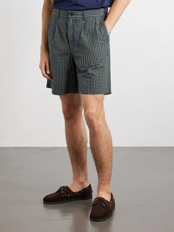 NOAH Straight-leg Pleated Checked Cotton And Linen-blend Seersucker Shorts