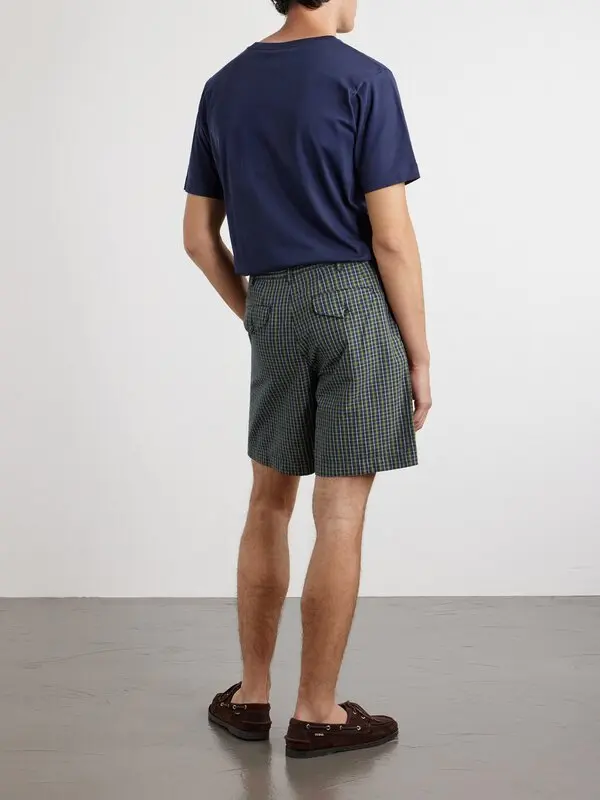 NOAH Straight-leg Pleated Checked Cotton And Linen-blend Seersucker Shorts