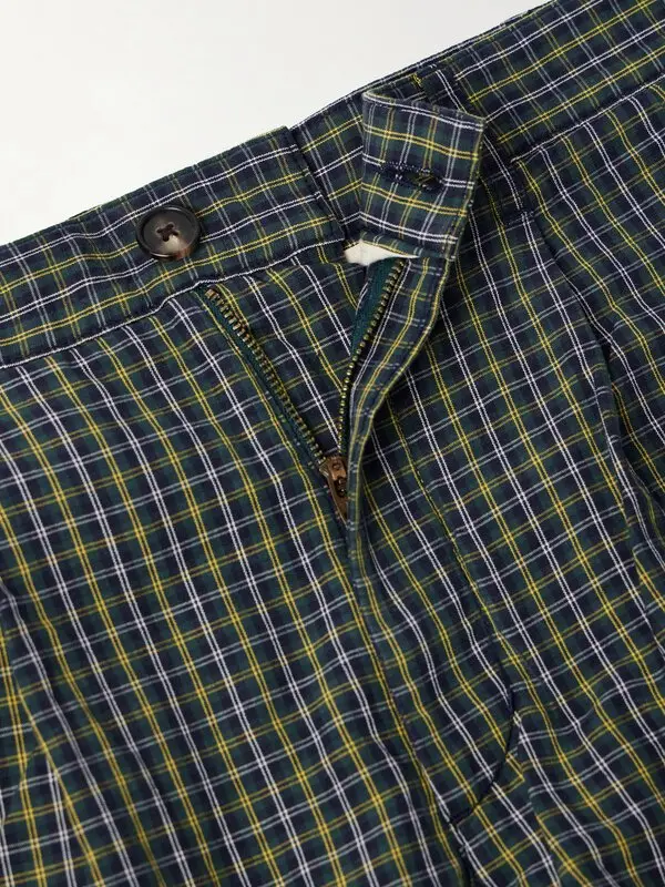 NOAH Straight-leg Pleated Checked Cotton And Linen-blend Seersucker Shorts