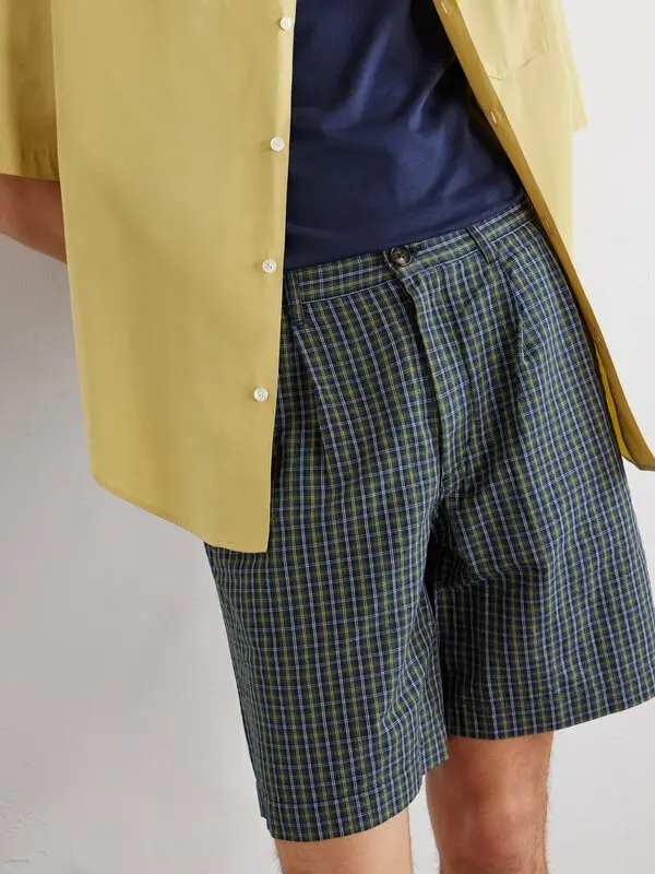 NOAH Straight-leg Pleated Checked Cotton And Linen-blend Seersucker Shorts