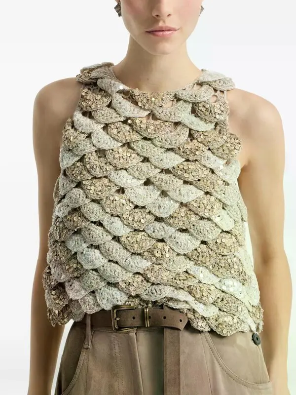 Brunello Cucinelli Handmade Embellished Jute And Cotton Knit Top