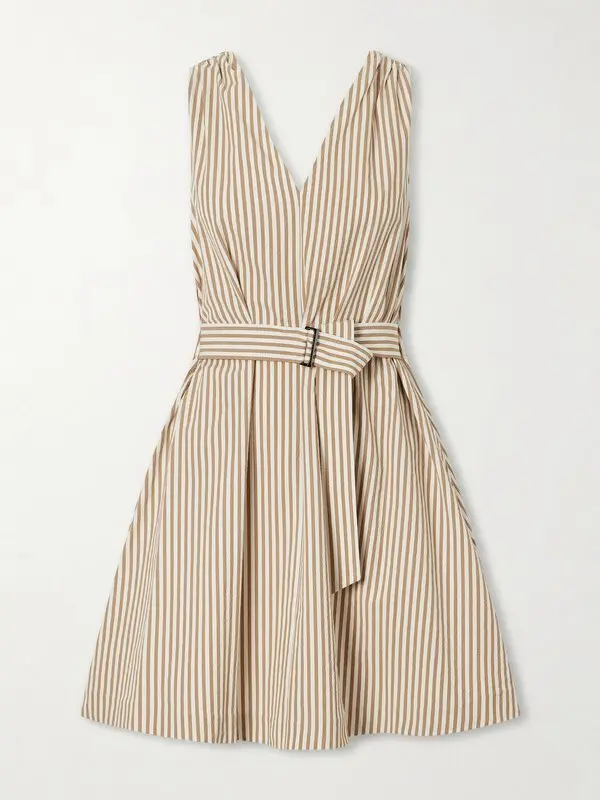 Brunello Cucinelli Belted Seersucker Cotton-blend Mini Dress - Neutrals