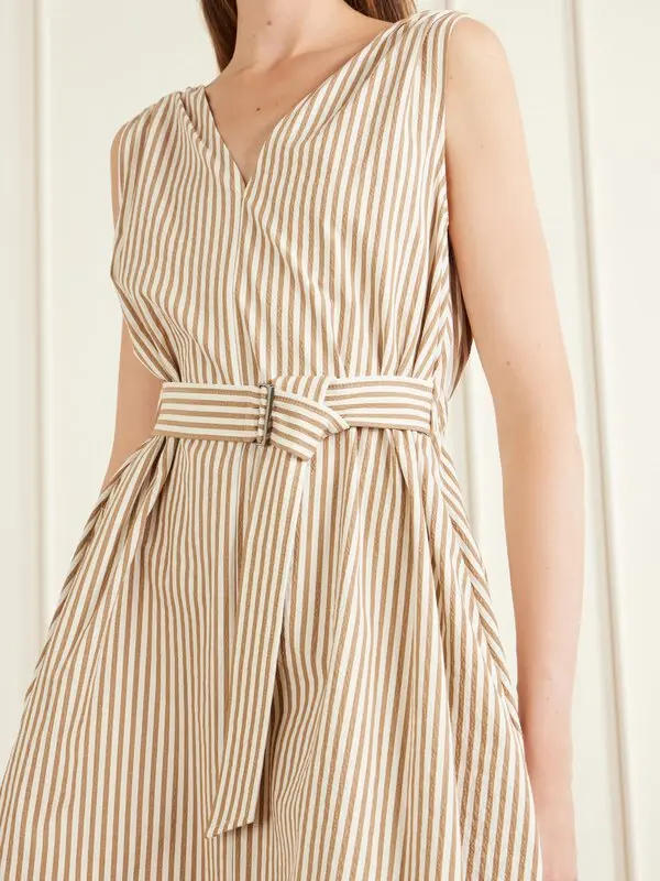 Brunello Cucinelli Belted Seersucker Cotton-blend Mini Dress - Neutrals