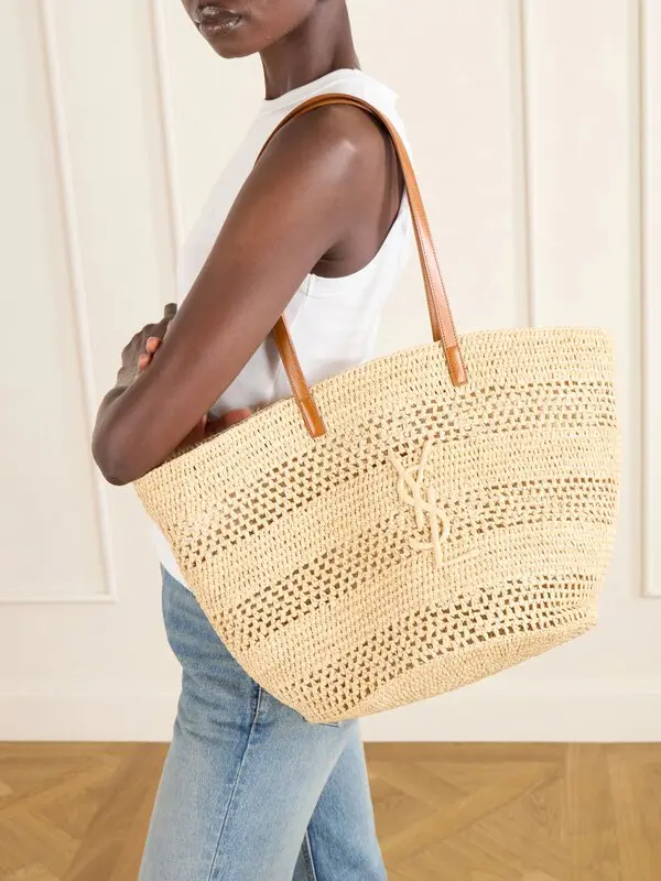 Saint Laurent Raffia Tote With Leather Trim